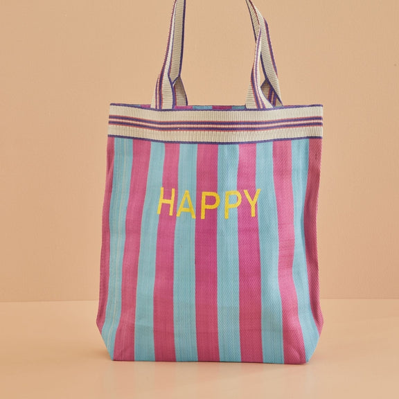 Recycled Plastic "Happy" Shopping Bag with Blue and Purple Stripes ...