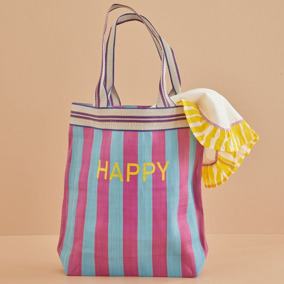 Recycled Plastic "Happy" Shopping Bag with Blue and Purple Stripes ...